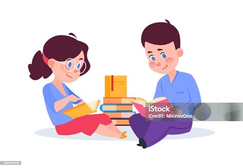 아이들이 책을 읽는다 책 도서관이나 수업에 아이들 만화 소년 소녀 자기 교육 형제 자매는 새로운 벡터 일러스트를 배운다 아이에