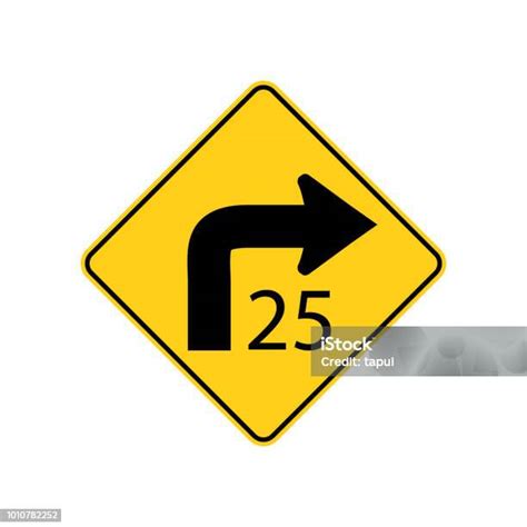 미국 교통도로 표지판 낮은 속도 날카로운 오른쪽 곡선 앞서 이상적인 운전 조건에서 25 Mph 속도를 줄이기 위해 자문 벡터 일러스트 레이 션 개념에 대한 스톡 벡터 아트