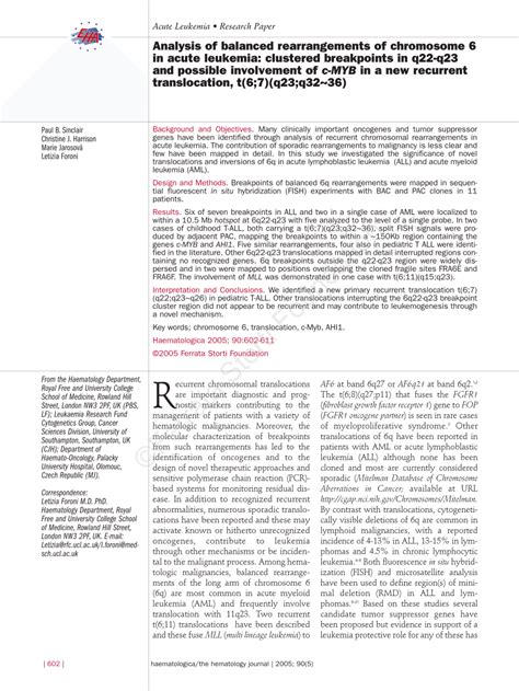 Pdf Analysis Of Balanced Rearrangements Of Chromosome 6 In Acute Leukemia Clustered