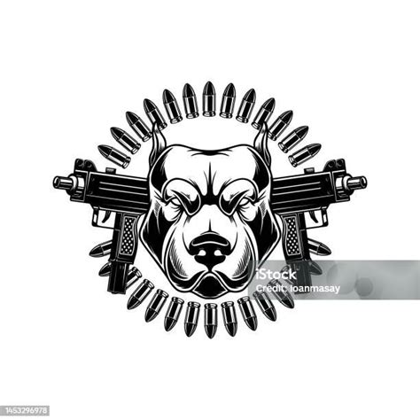 교차 돌격 소총을 가진 화난 개 머리 포스터 엠블럼 기호에 대한 디자인 요소 벡터 그림 가축에 대한 스톡 벡터 아트 및 기타 이미지 Istock
