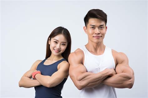 Premium Photo Sporty Young Couple Muscle Posing Isolated White Background