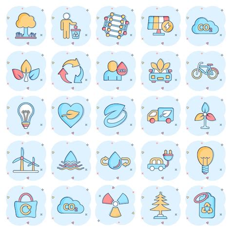 Иконки экосреды установленные в комическом стиле экологическая векторная иллюстрация на белом