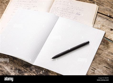 Opened Blank Exercise Book With Workbook Of Physics On Wooden Table Babe Learning Background