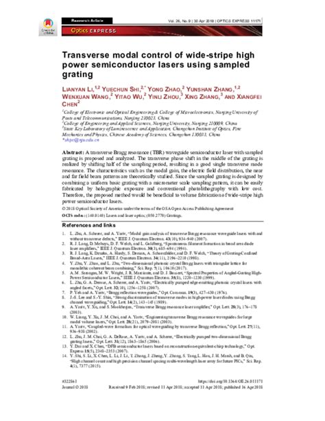 Pdf Transverse Modal Control Of Wide Stripe High Power Semiconductor Lasers Using Sampled