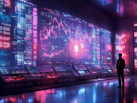 A Person Stands Amidst Vibrant Data Filled Screens In A Sleek
