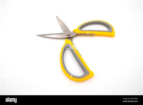 Yellow Grey Handle Scissors Isolate On White Background Paper Art Multipurpose Cutting Stock