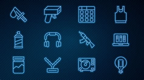 세트 라인 마이크 사운드 또는 오디오 레코더 드럼 머신 음악 헤드폰 페인트 스프레이 캔 피 묻은 칼 기관단총과 돈 아이콘 벡터 소총에 대한 스톡 벡터 아트 및 기타 이미지