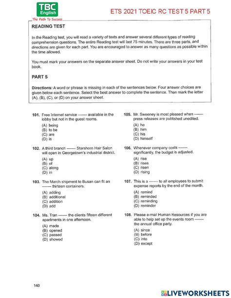 Ets 2021 Toeic Rc Test 5 Part 5 Online Exercise For Live Worksheets