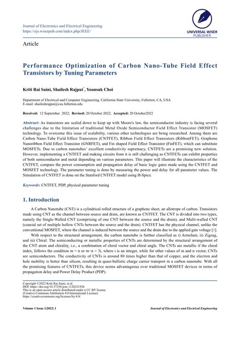 Pdf Performance Optimization Of Carbon Nano Tube Field Effect Transistors By Tuning Parameters