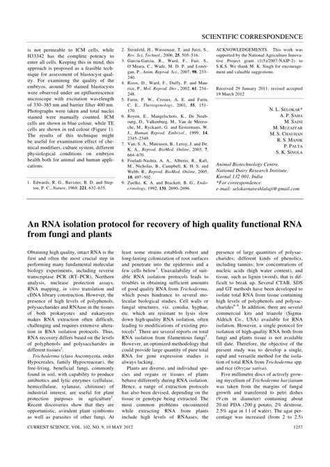 Pdf An Rna Isolation Protocol For Recovery Of High Quality Functional Rna From Fungi And Plants
