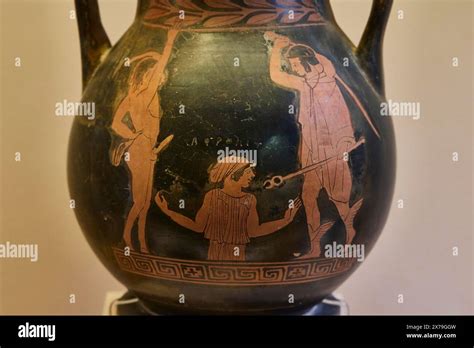 Antique Greek Jug With Figures And A Scene Designed In Black And Red