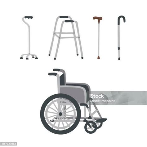휠체어 지팡이 목발 보행자 지팡이 흰색 배경에 노인을위한 특별한 의료 재활 보조 장비의 세트 플랫 벡터 그림입니다 장비에 대한