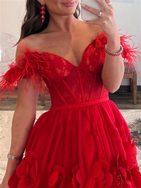Off Shoulder Red Tulle Floral Long Prom Dresses Off The Shoulder Form