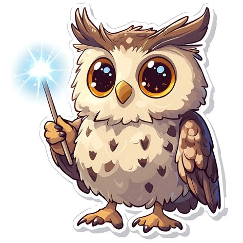 Cute Chibi Owl Sticker With Magic Wand Stock Illustration