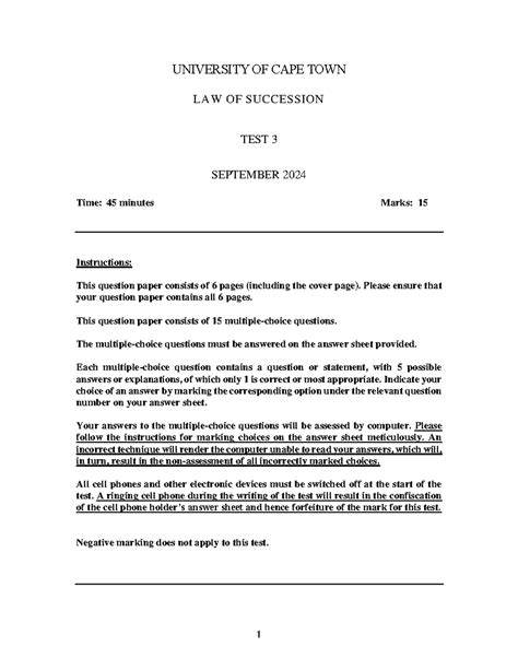 Test 3 Memo Test 3 Mcq Memo For Term 34 University Of Cape Town Law Of Succession Test 3
