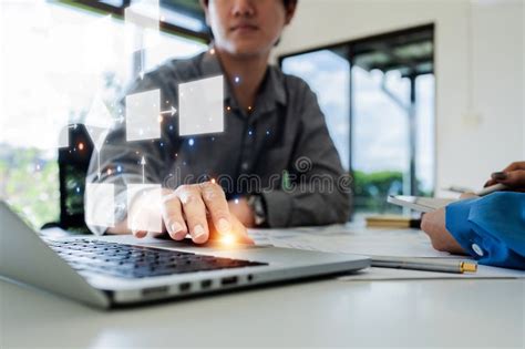 Businessman Using A Computer Analysis For Process And Workflow Automation With Flowchart Stock