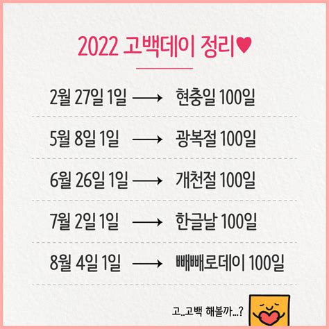 몽땅대전 2022년 고백데이 정리해옴😚 👉기준일을 1일로 포함하여 계산함 👉다음날을 1일로 하는