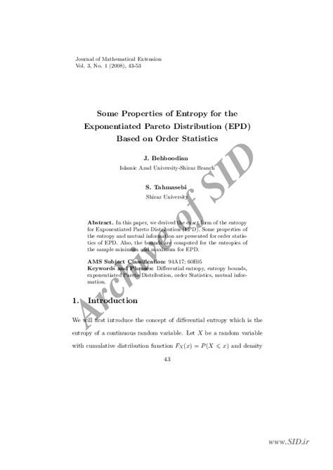 Pdf ﻿ Some Properties Of Entropy For The Exponentiated Pareto