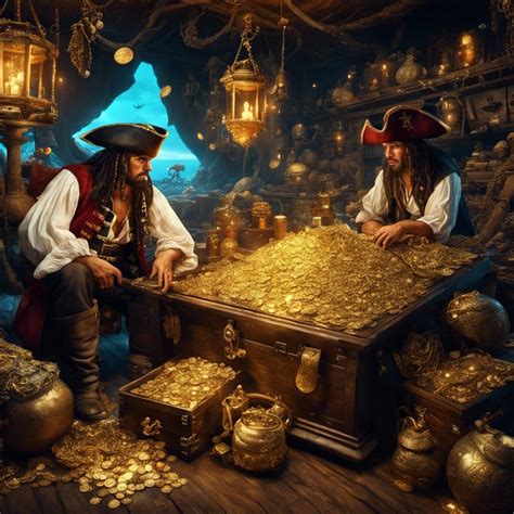Realistic Pirates Lounging On A Trove Of Gleaming Treasure Surrounded
