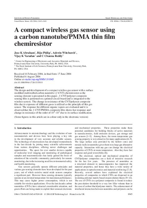 Pdf A Compact Wireless Gas Sensor Using A Carbon Nanotube Pmma Thin Film Chemiresistor