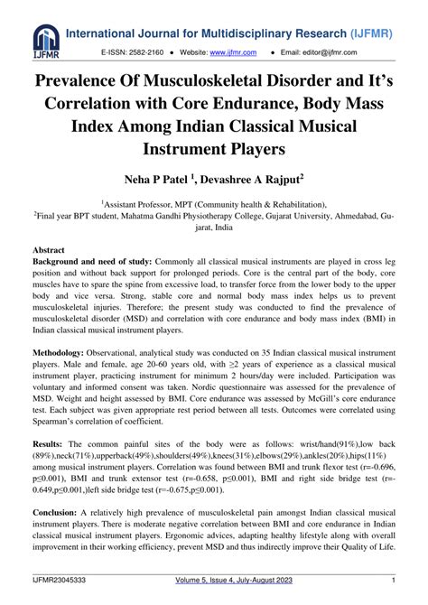 Pdf Prevalence Of Musculoskeletal Disorder And Its Correlation With Core Endurance Body Mass