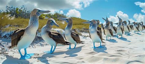 Blue Footed Boobies Courtship Dance On Sandy Island With Vibrant Blue