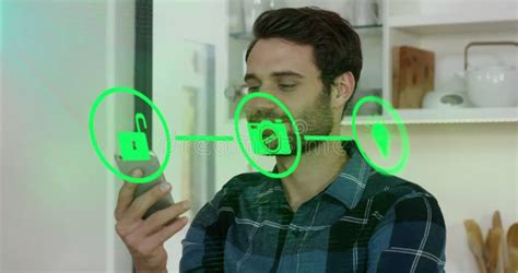 Animation Of Flowchart Of Icons Over Smiling Caucasian Man Talking On