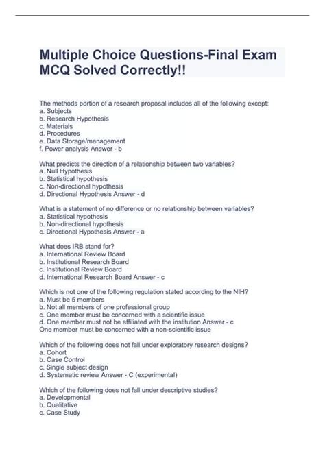 Multiple Choice Questions Final Exam MCQ Solved Correctly MCQ Stuvia US