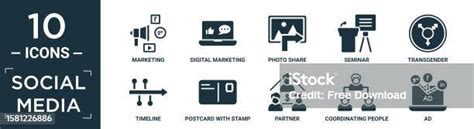 채워진 소셜 미디어 아이콘 세트입니다 플랫 마케팅 디지털 마케팅 사진 공유 세미나 트랜스젠더 타임라인 스탬프가 있는 엽서 파트너 조정 중인 사람 편집 가능한 형식의 광고