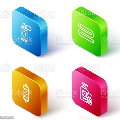 분무기 타월 클래식 이발소 장대 면도 젤 폼 및 브러시 아이콘이있는 Isometric 라인 애프터 쉐브 병을 설정합니다 벡터 3차원 형태에 대한 스톡 벡터 아트 및 기타