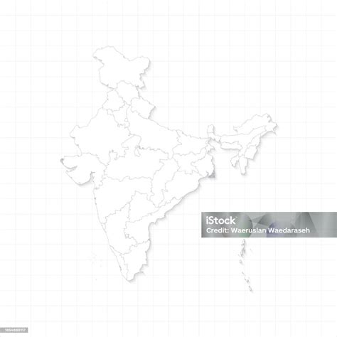 인도지도 와 나라 국경 백색 격자 종이 배경에 얇은 까만 윤곽선 높은 상세지도 인포 그래픽 벡터 일러스트 레이 션 Eps10
