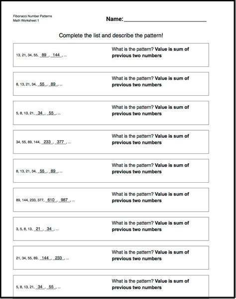 Fibonacci Sequence Worksheet
