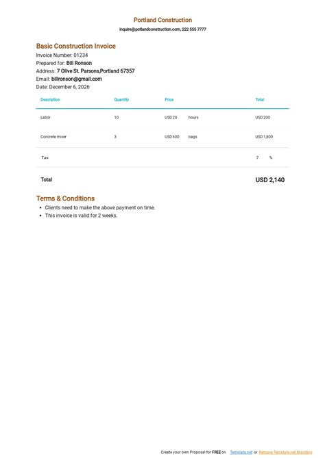 Basic Construction Invoice Template Free PDF Google Docs Google Sheets Excel Word