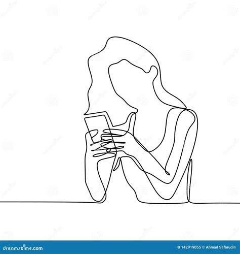 Girl Playing And Using Smart Phone Continuous Line Drawing One Lineart Of Women Communication