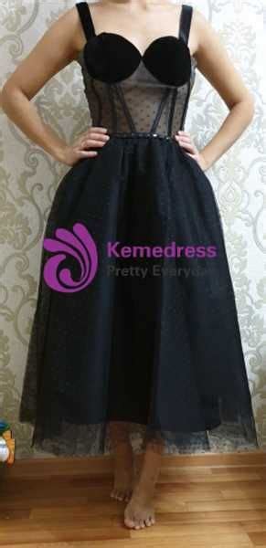 A Line Black Tulle Straps Sweetheart Tea Length Prom Dress Tea Length