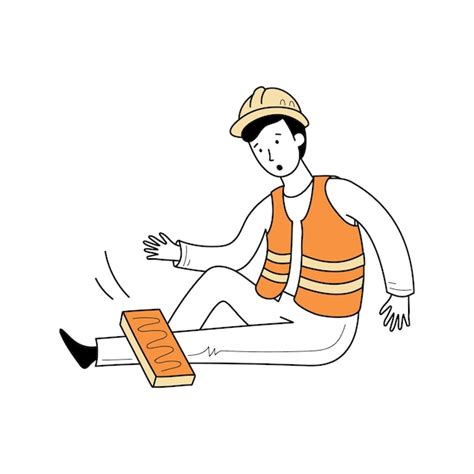 부상당한 작업자는 블록으로 다리를 짓밟았습니다 선으로 그린 낙서 스타일의 캐릭터입니다 작성기 유니폼과 헬멧을 가진 남자입니다