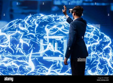 Computer Scientist Wearing Vr Headset Looking At Hologram Of Artificial Intelligence Human Brain
