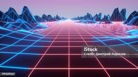 신스 웨이브 와이어 프레임 그물 80 년대 복고풍 미래주의 배경 3d 일러스트 3차원 형태에 대한 스톡 사진 및 기타 이미지 3차원 형태 바둑판 1990 1999 년