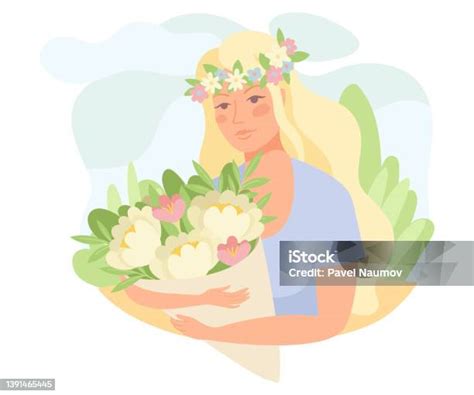 머리에 꽃 화환을 가진 금발 여자 꽃다발 벡터 일러스트 레이 션 들고 금발 머리에 대한 스톡 벡터 아트 및 기타 이미지 금발