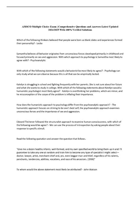 AMSCO Multiple Choice Exam Comprehensive Questions And Answers Latest Updated With