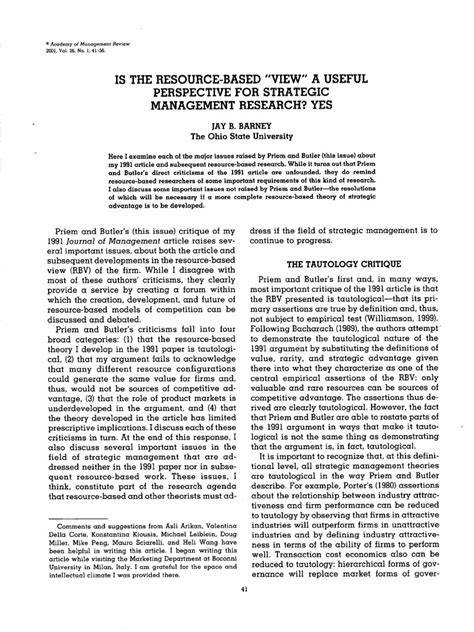 Need Barney 2001 Is The Resource Based View A Useful Perspective Pdf Download Free Pdf