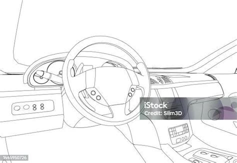 흰색 배경에 격리된 검은색 선에서 내부 자동차 내부의 윤곽 앞 좌석에서 본 모습 3d 벡터 그림입니다 자동차 내부에 대한 스톡