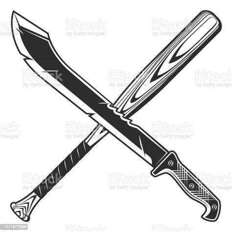 야구 방망이 아이콘 정글에서 사냥꾼의 날카로운 칼 근접 무기와 만도를 건넜다 흰색 배경에 격리된 흑백 벡터 야구 방망이에 대한 스톡 벡터 아트 및 기타 이미지 Istock