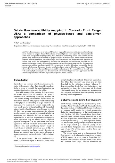 Pdf Debris Flow Susceptibility Mapping In Colorado Front Range Usa A Comparison Of Physics