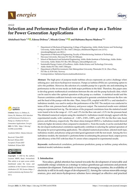Pdf Selection And Performance Prediction Of A Pump As A Turbine For