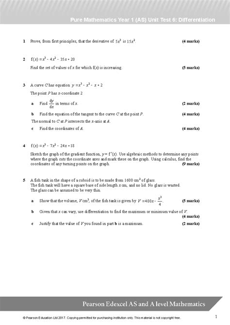 Copy Of AS Maths Pure Unit 6 Test Differentiation Pure Mathematics