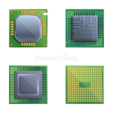 Microchip Icons Set Cartoon Vector Central Computer Processor Stock