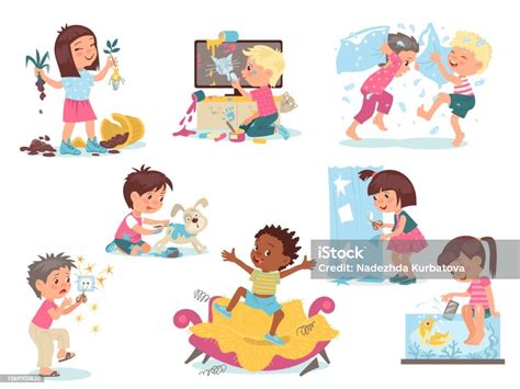 아이들은 파괴 아이들은 나쁜 행동 장난 꾸러기 소년과 소녀는 전자 장치를 깰 아기는 물건을 망치고 파괴적인 에너지 소파에 점프 하거나 개 그림 재미 있는 캐릭터 벡터 피젯