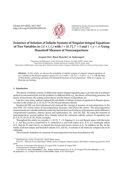 Pdf Existence Of Solution Of Infinite Systems Of Singular Integral Equations Of Two Variables