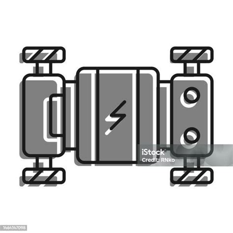 라이너는 회색 아이콘으로 채워져 있습니다 전기 자동차 플랫폼 배터리가 있는 전기 자동차 섀시 간단한 흑백 벡터 흰색 배경에 격리 Central London에 대한 스톡 벡터